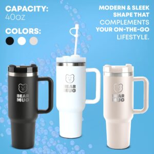 The Original Bear Mug: 40oz Insulated Flask With Handle & Straw | Hot & Cold Insulated | Stainless Steel Water Bottle Alternative | Travel Mug Fits Cupholders | Leak Proof (White)