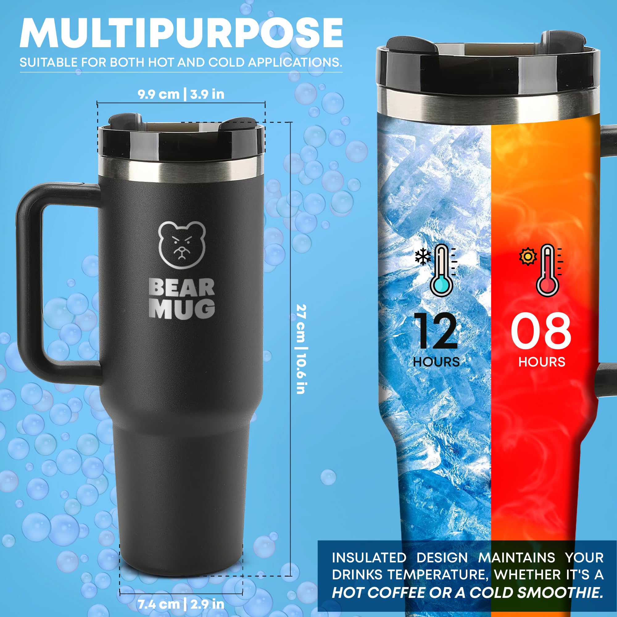 The Original Bear Mug: 40oz Insulated Flask With Handle & Straw | Hot & Cold Insulated | Stainless Steel Water Bottle Alternative | Travel Mug Fits Cupholders | Leak Proof (White)