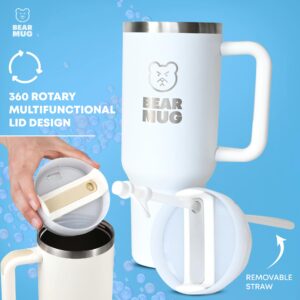 The Original Bear Mug: 40oz Insulated Flask With Handle & Straw | Hot & Cold Insulated | Stainless Steel Water Bottle Alternative | Travel Mug Fits Cupholders | Leak Proof (White)