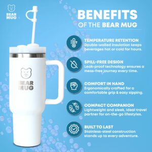 The Original Bear Mug: 40oz Insulated Flask With Handle & Straw | Hot & Cold Insulated | Stainless Steel Water Bottle Alternative | Travel Mug Fits Cupholders | Leak Proof (White)