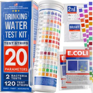 bestprod all-new 20 in 1 drinking water testing kit 120 strips, home tap and well water test kit for hardness, lead, iron, copper, chlorine, fluoride