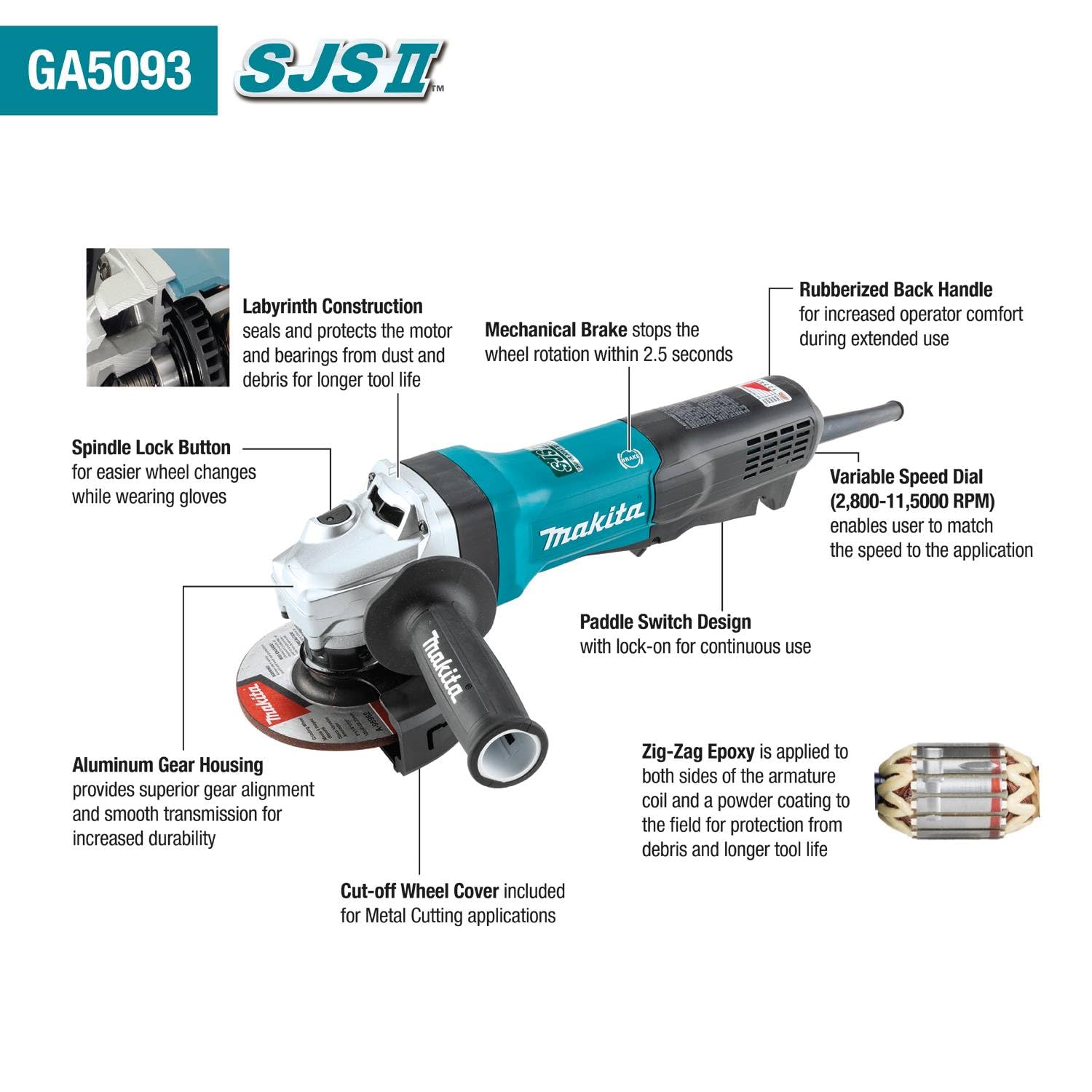 Makita GA5093 5" SJS™II High-Power Angle Grinder, Paddle Switch, w/Brake