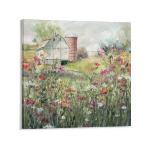 farm poppy oil painting rustic landscape wall art wildflower cottage wall art wall art paintings canvas wall decor home decor living room decor aesthetic 12x12inch(30x30cm) frame-style