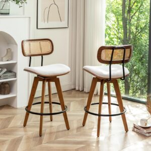 YOUUGIOR 26" Rattan Bar Stools Set of 2, Linen Fabric Counter Height Swivel Barstools with Rattan Backrest and Wooden Legs,Armless Mid Century Modern Bar Chairs for Kitchen/Dining Room/Bar(Beige)