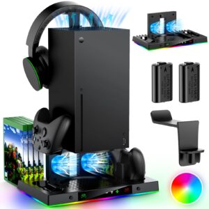 upgrade cooling fan & dual charging stand for xbox series x console & controller,cooler charger station system for series x with 15 rgb lights,2 x 1400mah rechargeable battery,disc accessories storage