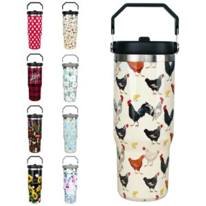 exacmos 30oz chicken tumbler with handle and straw, stainless steel vacuum insulated flip straw 30 oz coffee rooster tumbler, spill proof travel mug, chicken decor gifts for women