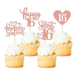 keaziu 48 pack happy sweet 16 cupcake toppers sweet sixteen 16 happy 16 cupcake picks for 16th birthday wedding anniversary party cake decorations supplies rose gold