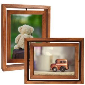 fixwal 2 pack 5x7 rotating picture frame, solid wood frame with double-sided real glass, photo frame for tabletop display, rustic style carbonized brown