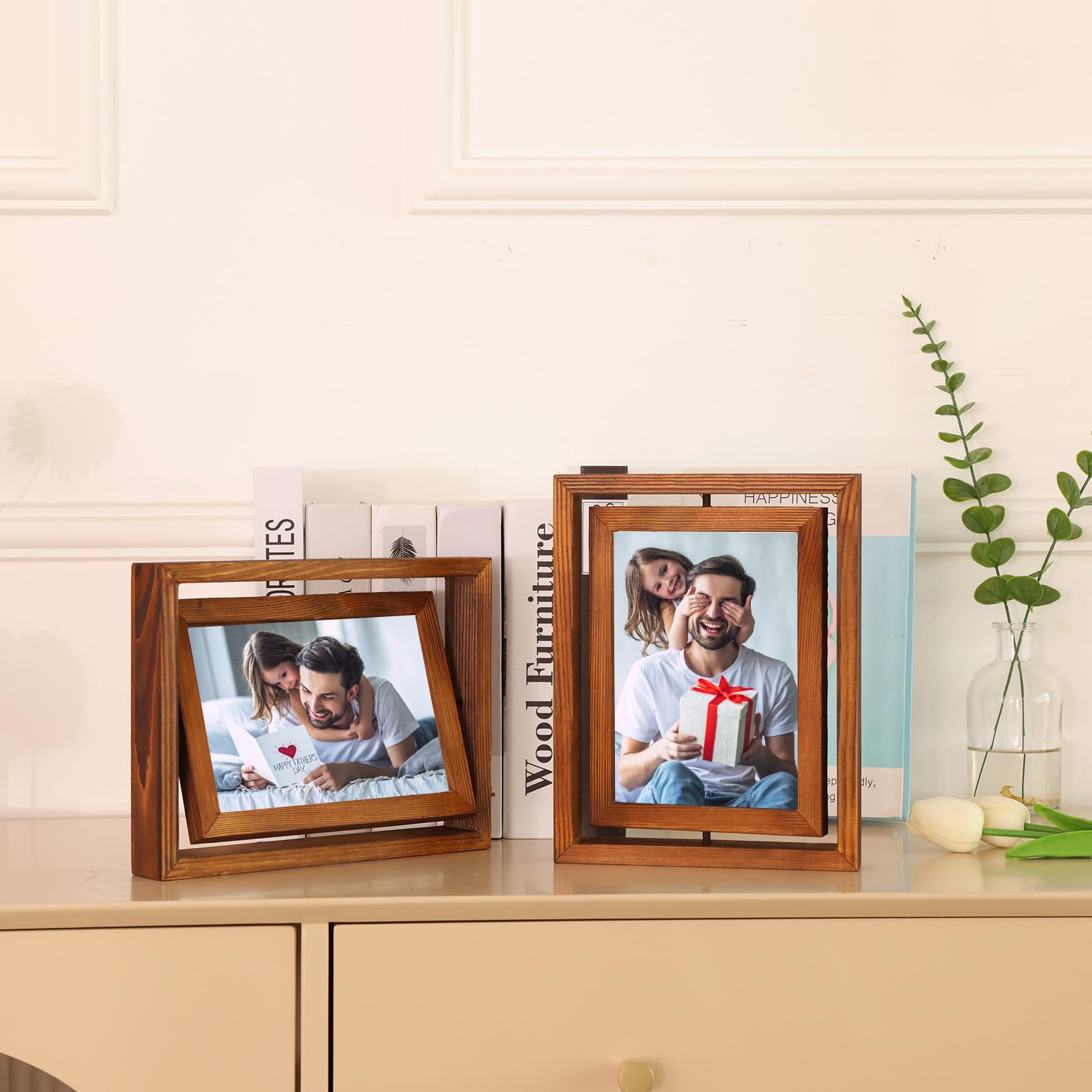 Fixwal 2 Pack 5x7 Rotating Picture Frame, Solid Wood Frame with Double-sided Real Glass, Photo Frame for Tabletop Display, Rustic Style Carbonized Brown