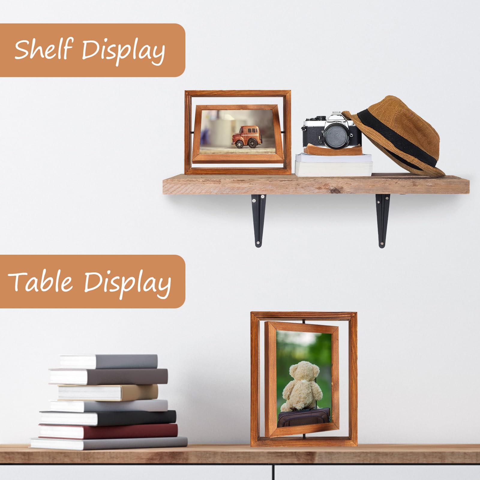 Fixwal 2 Pack 5x7 Rotating Picture Frame, Solid Wood Frame with Double-sided Real Glass, Photo Frame for Tabletop Display, Rustic Style Carbonized Brown