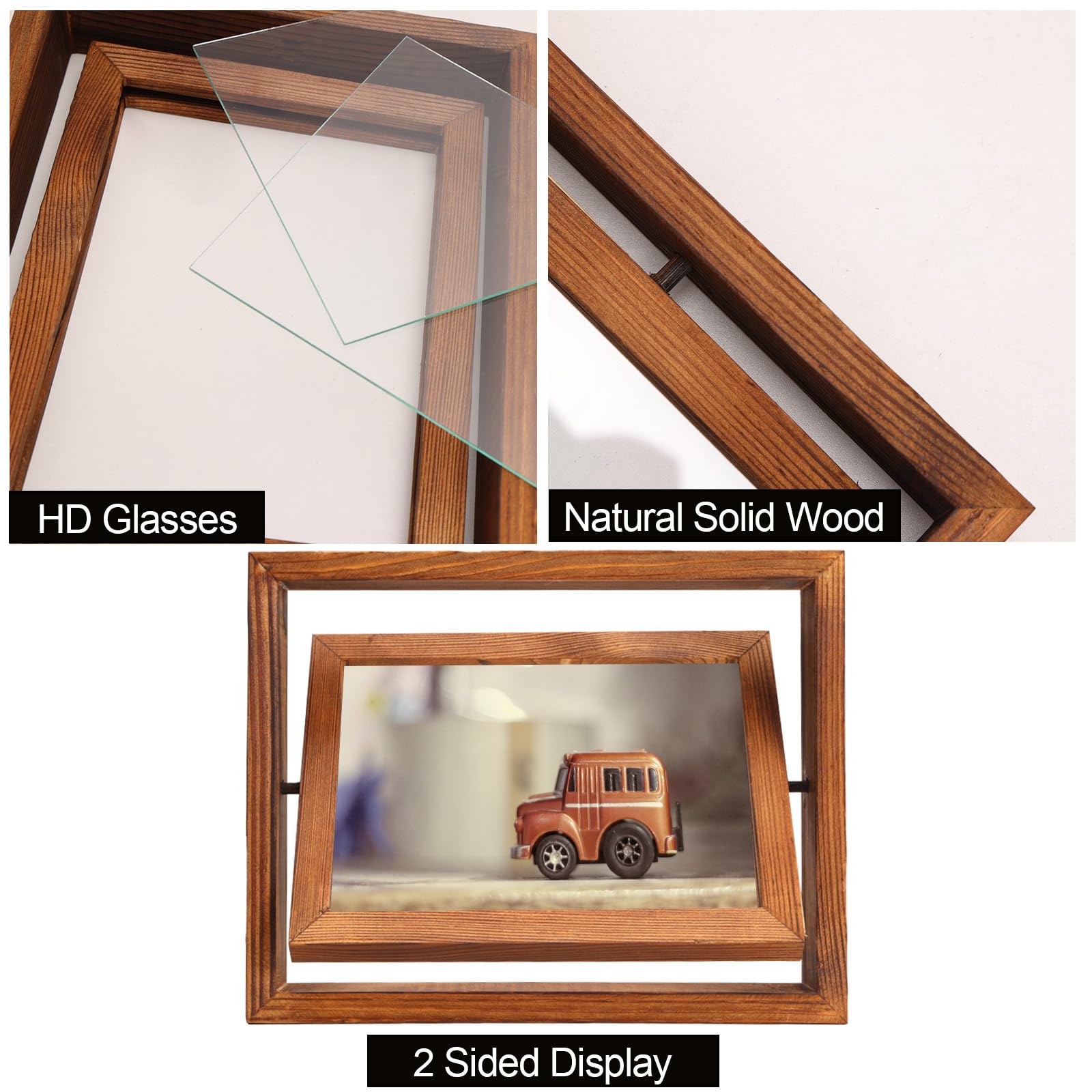 Fixwal 2 Pack 5x7 Rotating Picture Frame, Solid Wood Frame with Double-sided Real Glass, Photo Frame for Tabletop Display, Rustic Style Carbonized Brown