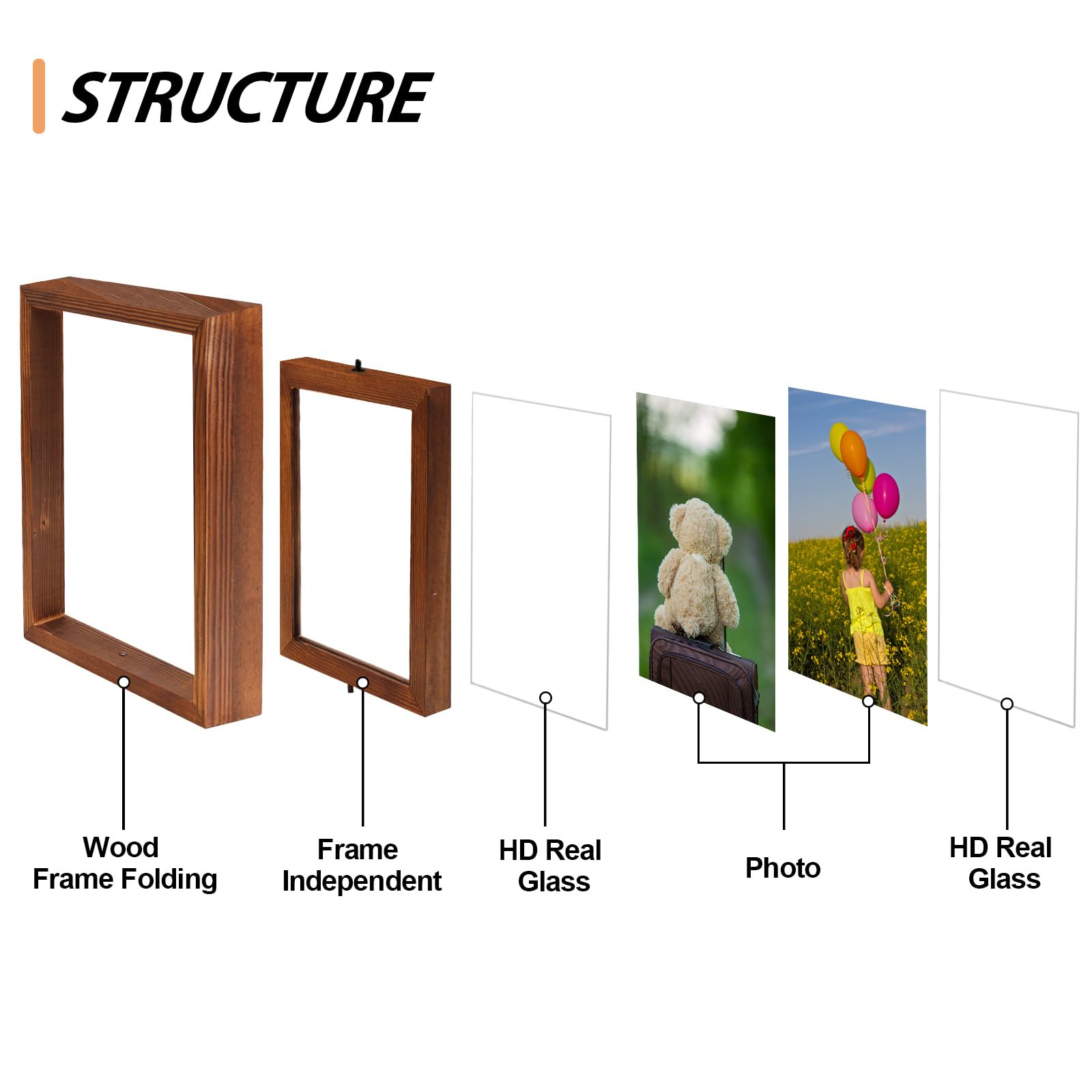 Fixwal 2 Pack 5x7 Rotating Picture Frame, Solid Wood Frame with Double-sided Real Glass, Photo Frame for Tabletop Display, Rustic Style Carbonized Brown