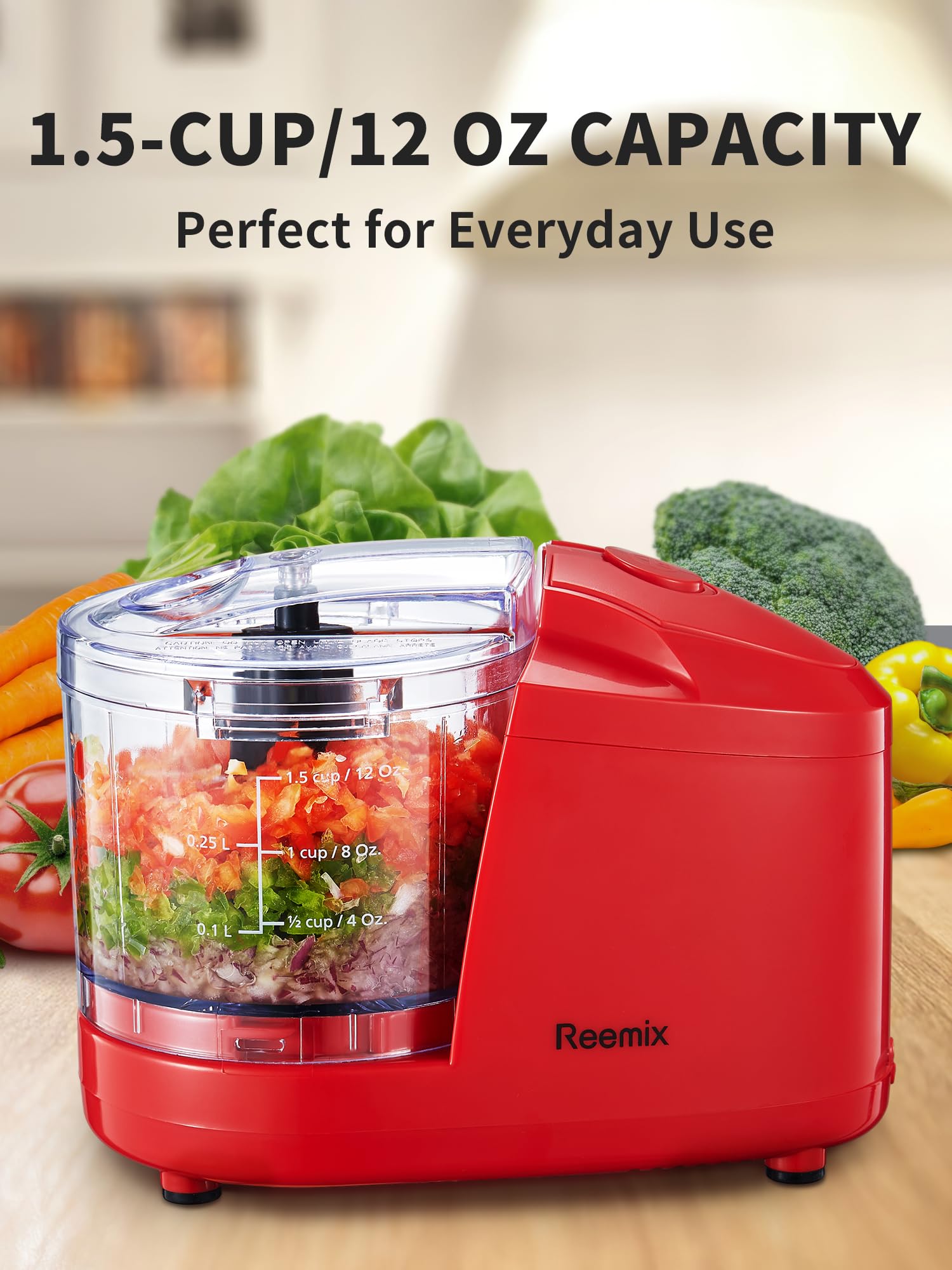 1.5-Cup One-Touch Electric Food Chopper, 100W Mini Food Processor Meat Grinder, Mix, Chop, Mince and Blend Vegetables, Fruits, Nuts, Meats, Stainless Steel Blade (Red)