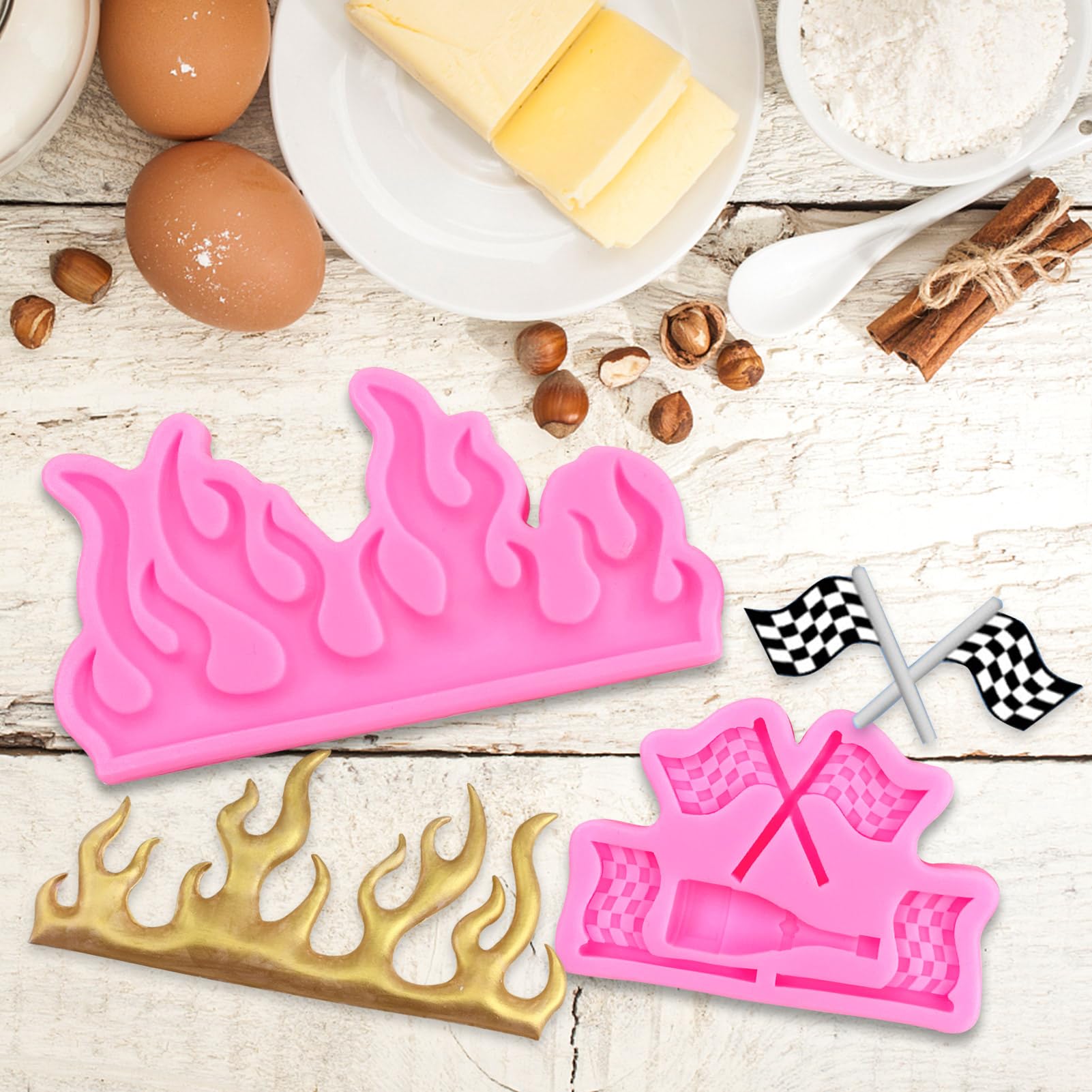 Rainmae Flame Fondant Molds, Car Tire Fondant Mold, Hot Fire Silicone Molds, Round Tire Mold, Truck Wheel Shape Mold For Sugar Cake Decoration Cupcake Topper Candy Chocolate Gum Paste Polymer Clay