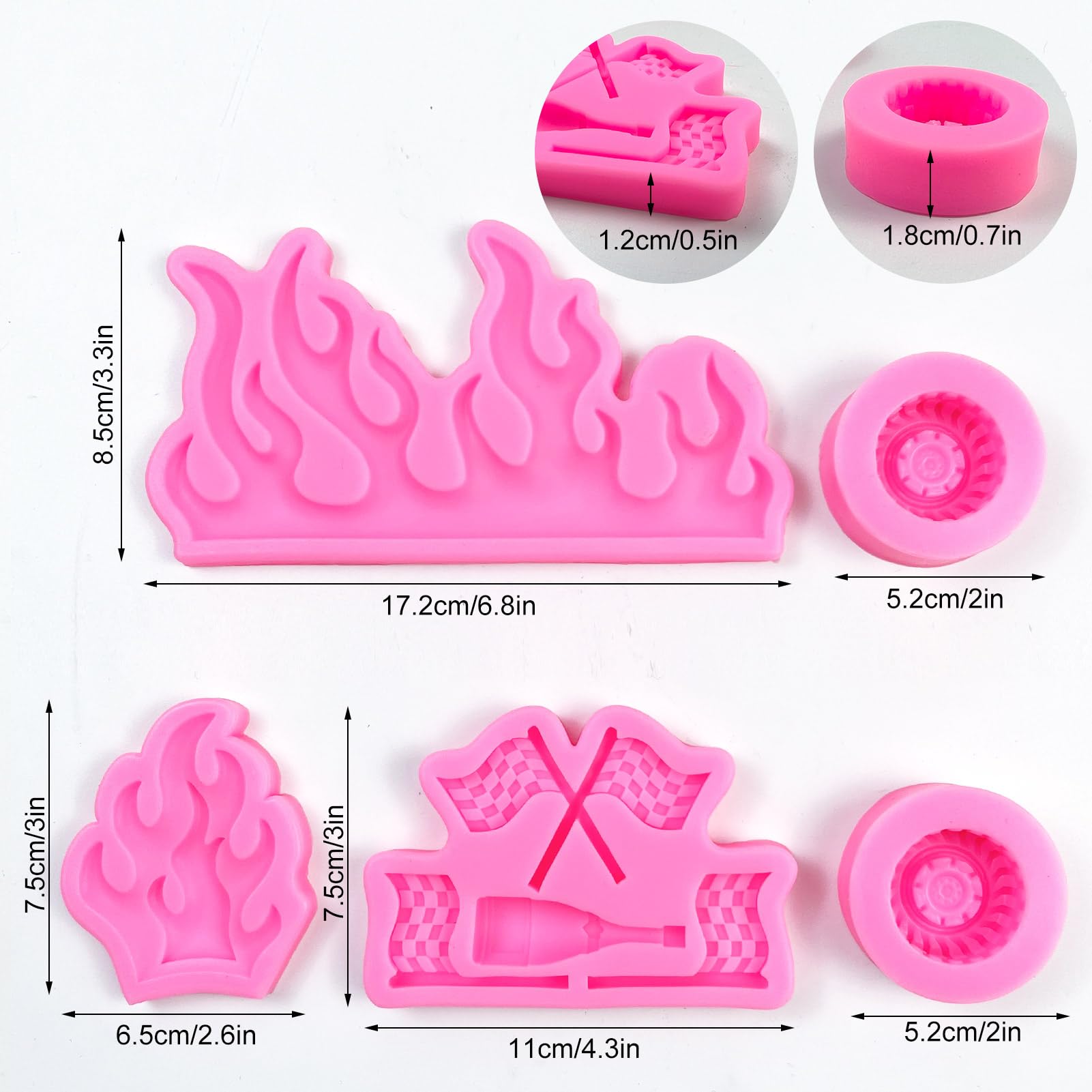 Rainmae Flame Fondant Molds, Car Tire Fondant Mold, Hot Fire Silicone Molds, Round Tire Mold, Truck Wheel Shape Mold For Sugar Cake Decoration Cupcake Topper Candy Chocolate Gum Paste Polymer Clay