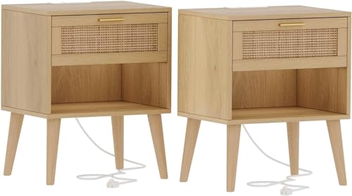 Irontar Nightstands Set of 2, Night Stands with Charging Station & Rattan Drawer, Boho Style Bed Side Tables with Solid Legs, Accent End Table with Open Storage for Bedroom, Natural BZZ007ME02