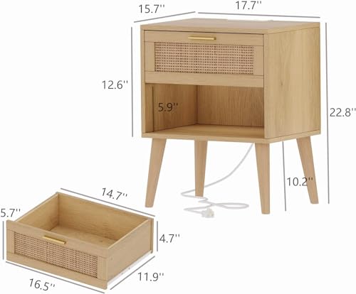 Irontar Nightstands Set of 2, Night Stands with Charging Station & Rattan Drawer, Boho Style Bed Side Tables with Solid Legs, Accent End Table with Open Storage for Bedroom, Natural BZZ007ME02