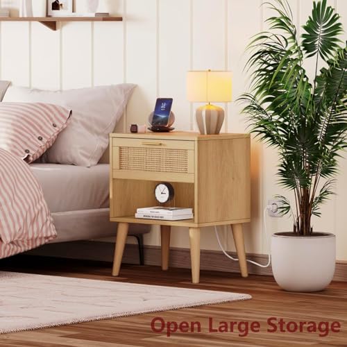 Irontar Nightstands Set of 2, Night Stands with Charging Station & Rattan Drawer, Boho Style Bed Side Tables with Solid Legs, Accent End Table with Open Storage for Bedroom, Natural BZZ007ME02