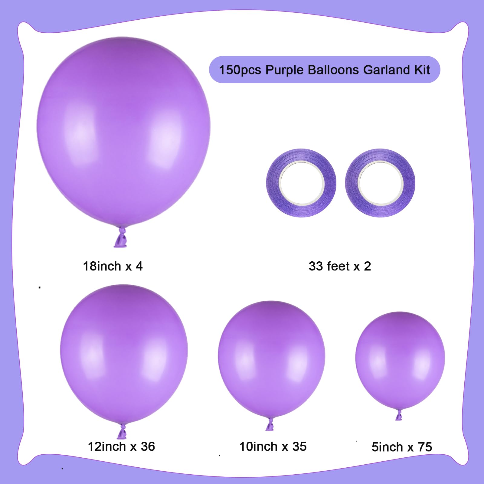 150pcs Purple Balloons Different Sizes Pack, 18 12 10 5 Inch Party Balloon Garland Arch Kit for Birthday Gender Reveal Baby Shower Graduation Party Supplies(With 2 Ribbons)