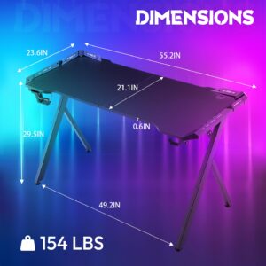 Dowinx Gaming Desk with LED Lights, RGB Gaming Computer Table with Carbon Fibre Surface, LED Home Office Desk with Remote Control, Pc Workstation with Cup Holder and Headphone Hook, 55 Inch, Black