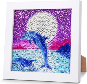 5d diamond painting kits for kids, diamond painting kits animals with wooden frame, dolphin diamond painting kits for beginners, girls, adults, diamond painting pictures, arts craft for home decor