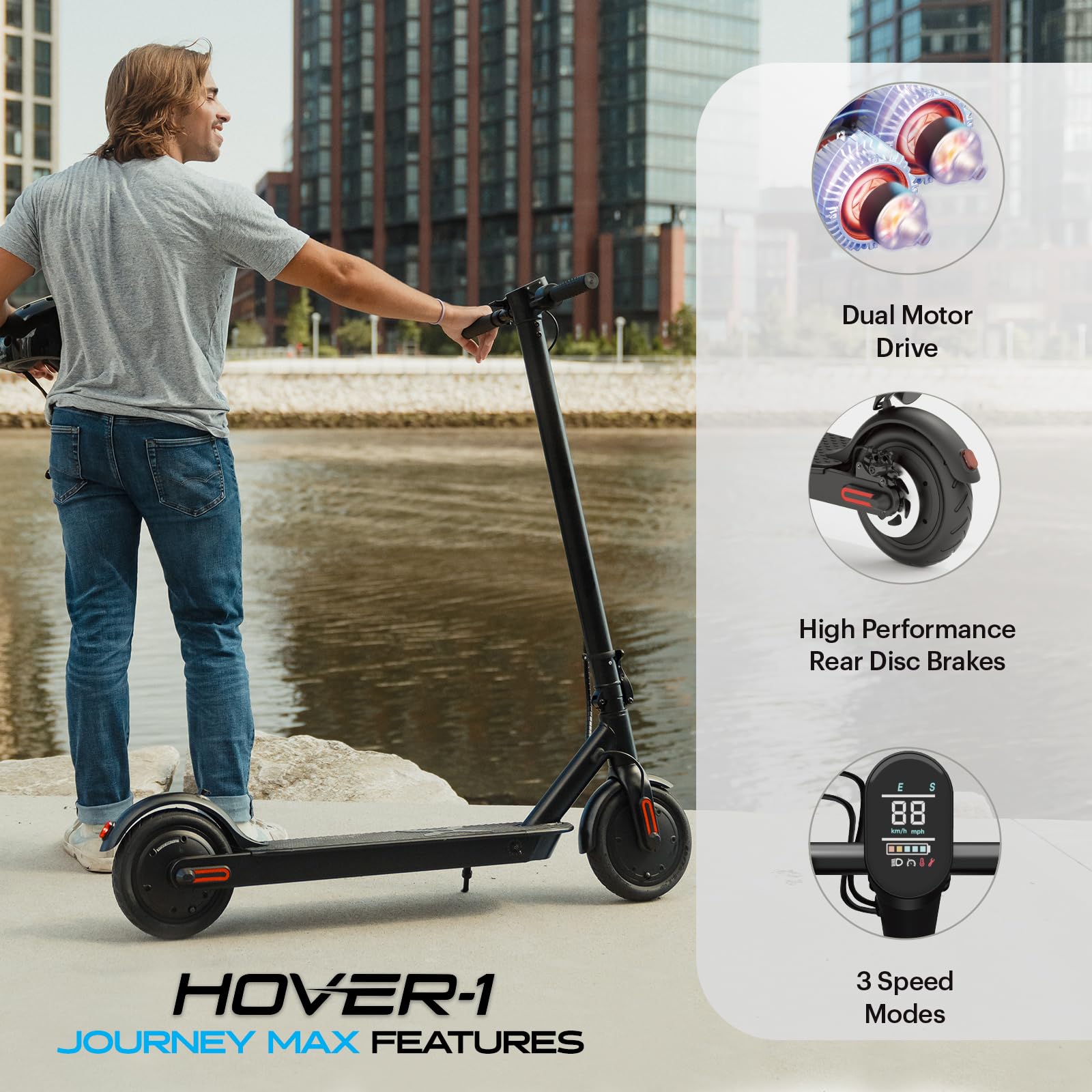 Hover-1 Journey Max Adult Electric Scooter with 700W Brushless Dual Motor Hill Climber, 19 mph Max Speed, and 26 Mile Range