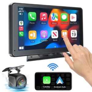 paslda portable newest wireless apple carplay and android auto screen for car, 7" hd touch screen car stereo with mirror link, bluetooth 5.2, backup camera, aux,fm transmitter for all vehicles