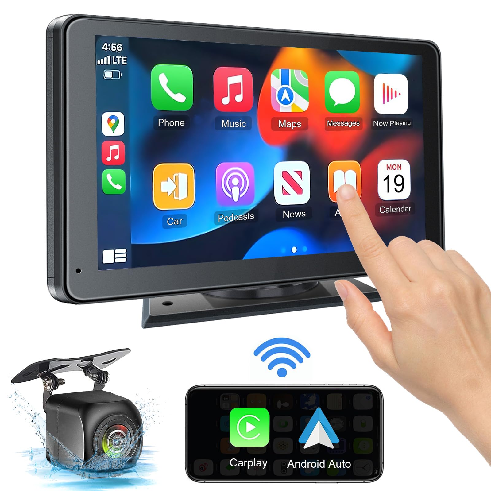 PASLDA Portable Newest Wireless Apple CarPlay and Android Auto Screen for Car, 7" HD Touch Screen Car Stereo with Mirror Link, Bluetooth 5.2, Backup Camera, AUX,FM Transmitter for All Vehicles