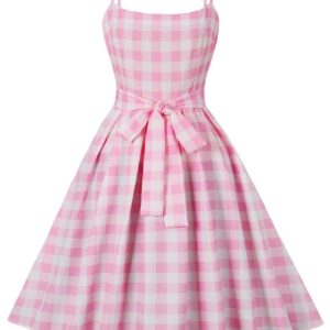 Nihsatin Barbie Pink Swing Dress Tie Shoulder Plaid Printed Knot Waist Dress