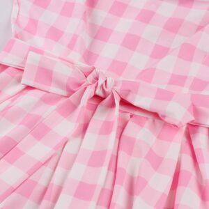 Nihsatin Barbie Pink Swing Dress Tie Shoulder Plaid Printed Knot Waist Dress