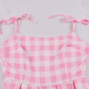 Nihsatin Barbie Pink Swing Dress Tie Shoulder Plaid Printed Knot Waist Dress