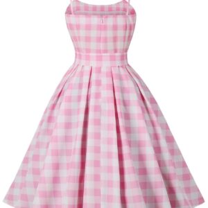 Nihsatin Barbie Pink Swing Dress Tie Shoulder Plaid Printed Knot Waist Dress