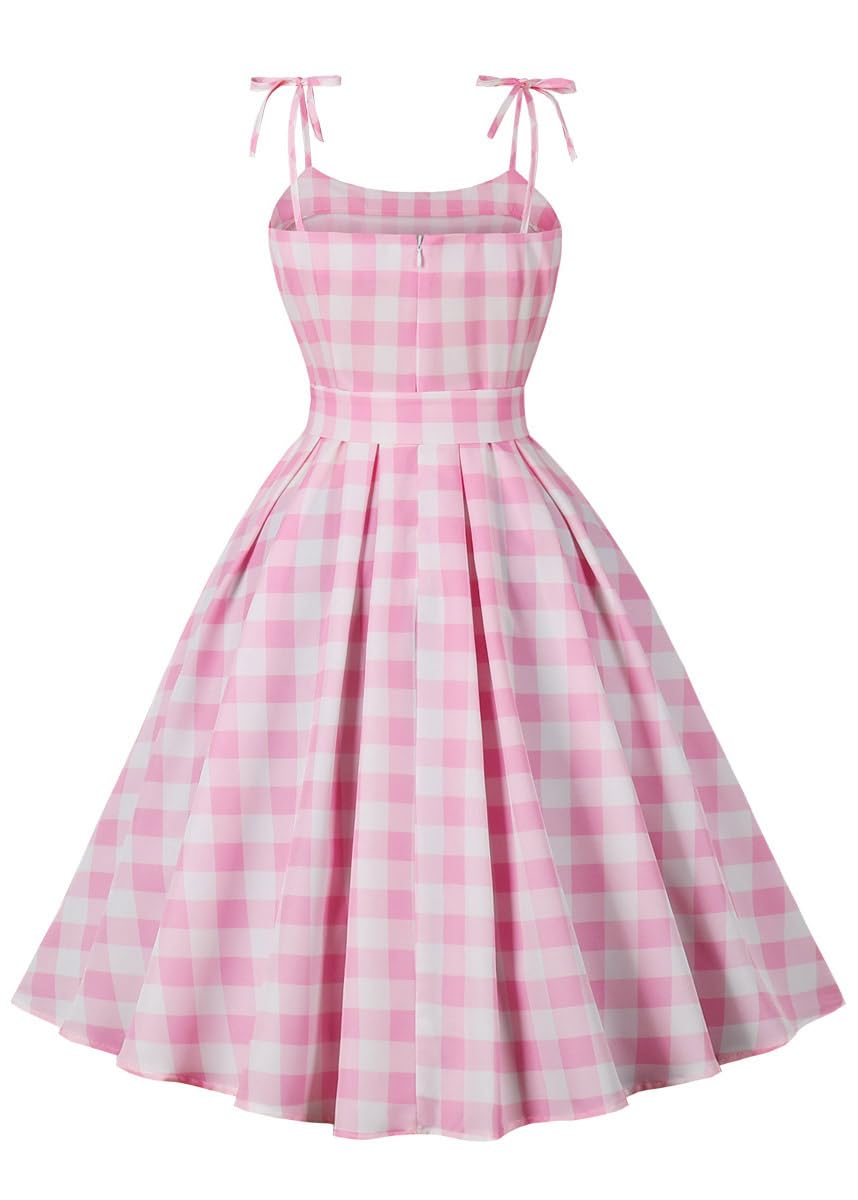 Nihsatin Barbie Pink Swing Dress Tie Shoulder Plaid Printed Knot Waist Dress