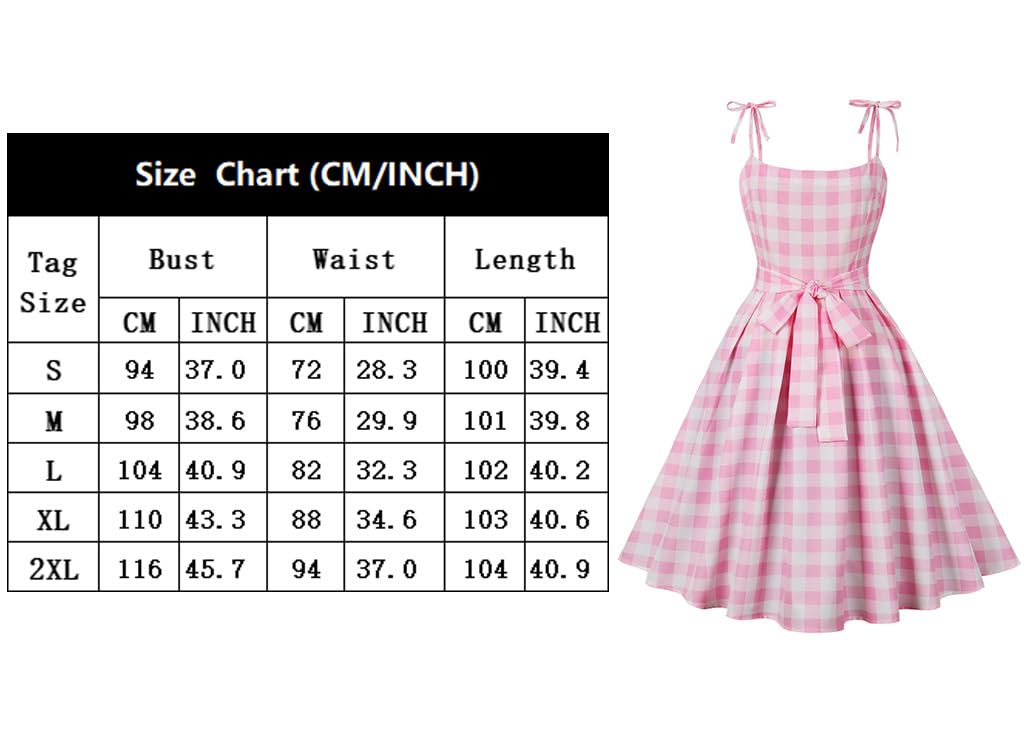 Nihsatin Barbie Pink Swing Dress Tie Shoulder Plaid Printed Knot Waist Dress