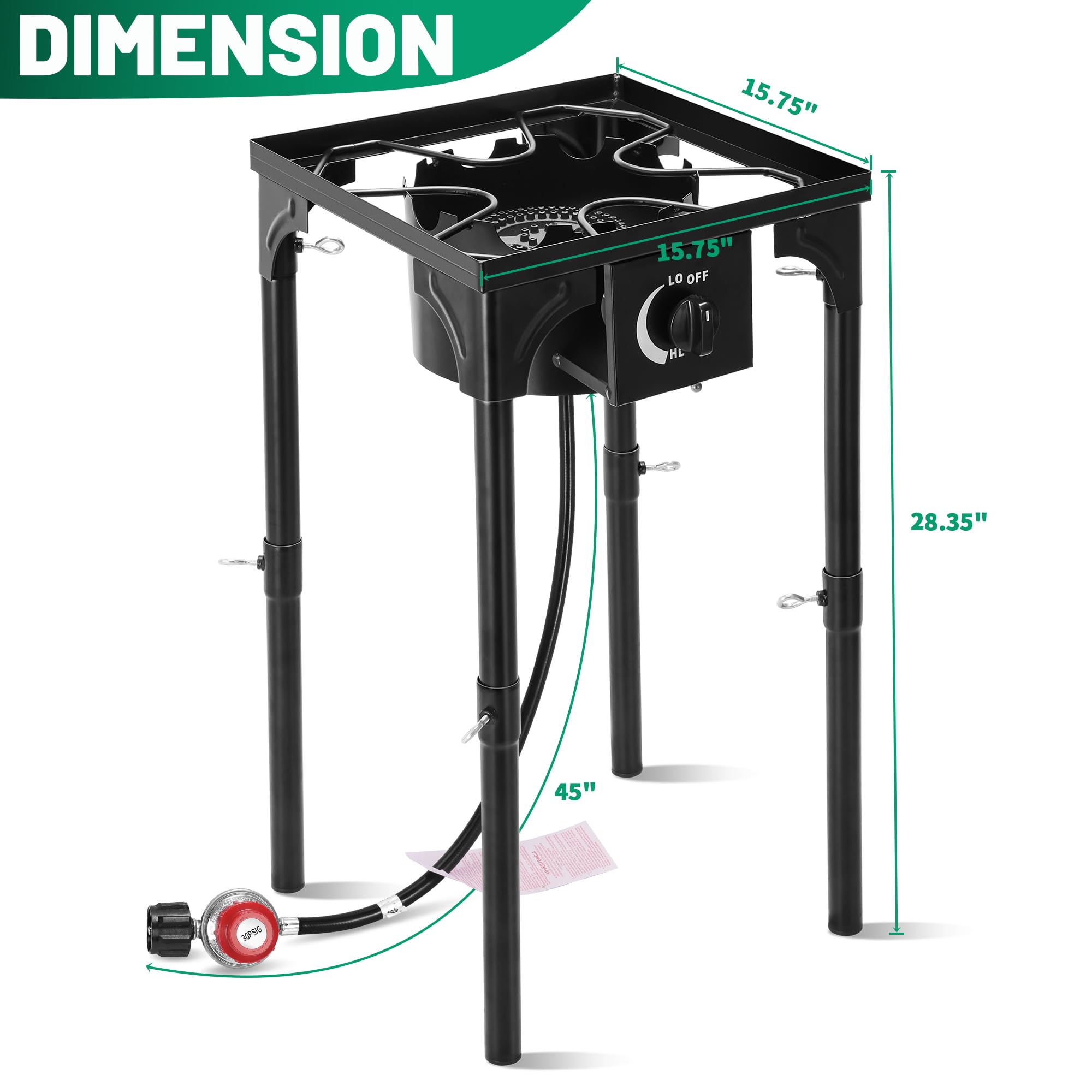 FSUON Outdoor Camping Stove, 130000 BTU, Propane Gas Cooker with Detachable Legs, High Pressure Single Burner, 30 PSI Regulator