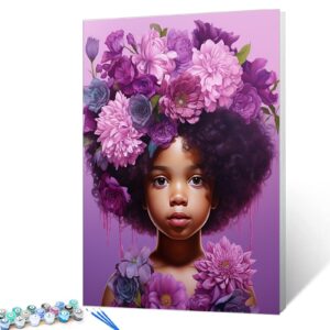 tucocoo purple flowers paint by number for adults, diy oil painting kits on canvas with brushes and acrylic pigment, african american little girl portrait artwork for home decor 16x20inch (frameless)