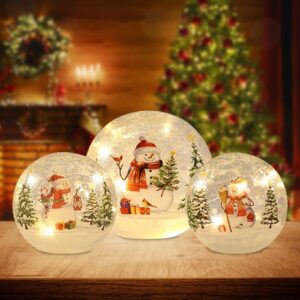 yeahome christmas decorations indoor, set of 3 crackle glass ball with led lights christmas snowman home decor, christmas table decorations lighted globes with timer for mantel fireplace tabletop