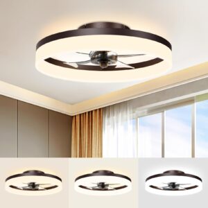 volisun low profile ceiling fans with lights and remote, 19.7in fandelier ceiling fan flush mount, 3000k-6500k smart bladeless led fan light, brown modern ceiling fans with lights for bedroom