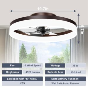 VOLISUN Low Profile Ceiling Fans with Lights and Remote, 19.7in Fandelier Ceiling Fan Flush Mount, 3000K-6500K Smart Bladeless LED Fan Light, Brown Modern Ceiling Fans with Lights for Bedroom