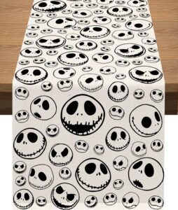 vohado nightmare before christmas table runner jack skellington birthday party decorations halloween sugar dining room home kitchen decor (white, 13" x 90")