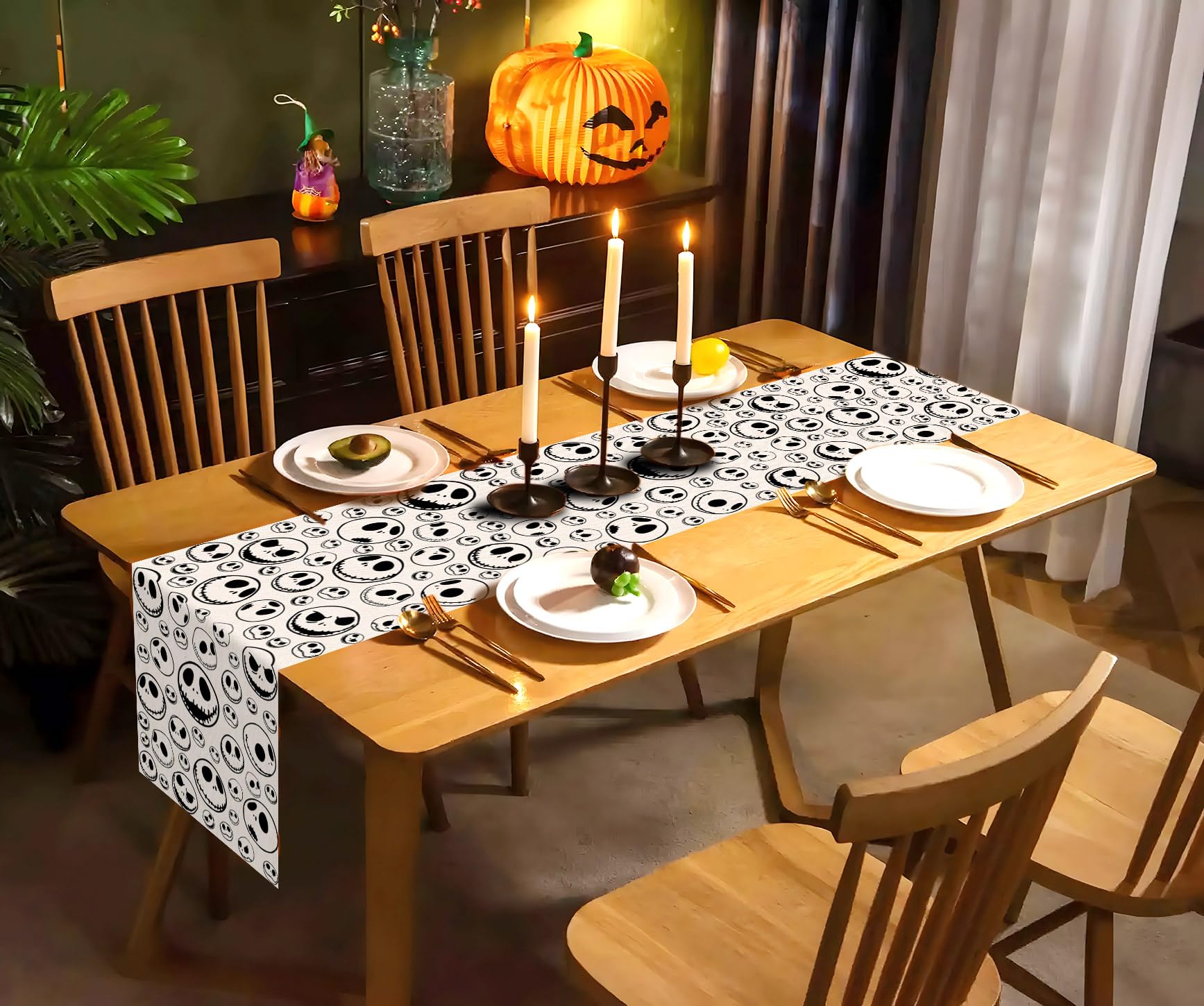 Vohado Nightmare Before Christmas Table Runner Jack Skellington Birthday Party Decorations Halloween Sugar Dining Room Home Kitchen Decor (White, 13" x 90")