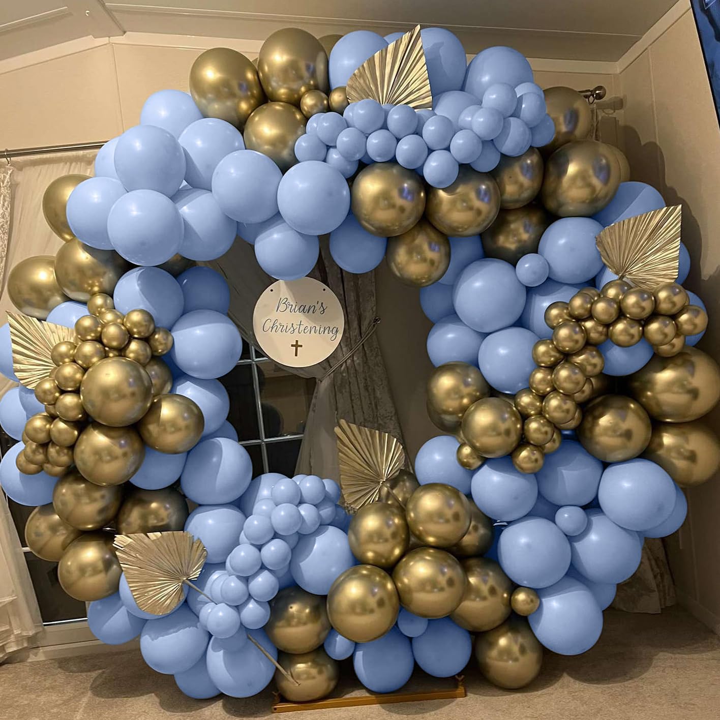 Dusty Blue Baby Shower Balloon Arch Garland Kit, 139PCS Fog Blue White Sand Metallic Gold Balloons for Neutral Boho Wedding Bridal Shower Birthday Party Decorations