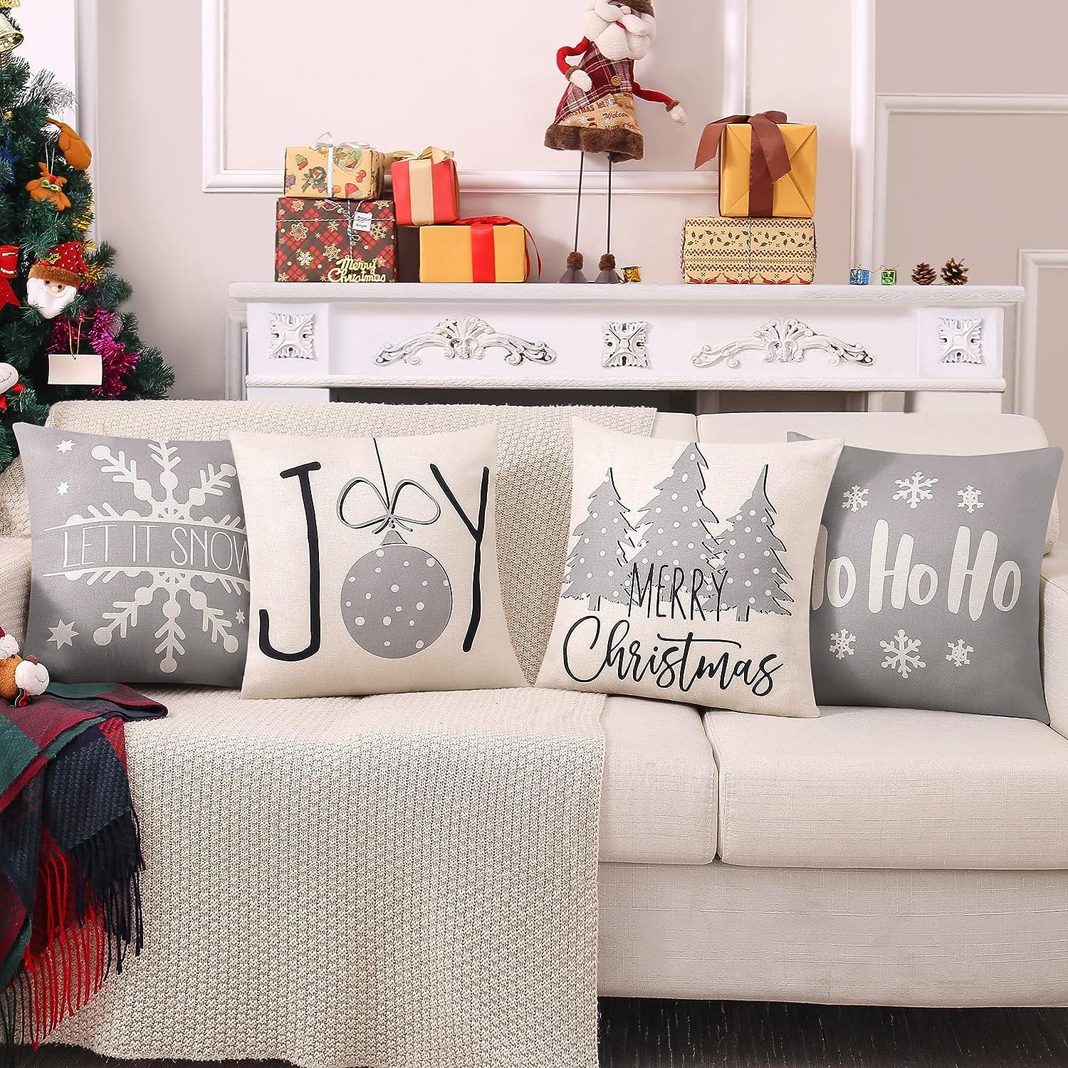 Gray Christmas Pillow Covers 20x20 Set of 4, Xmas Pillow Covers Farmhouse Christmas Decorations Winter Holiday Decor Throw Cushion Case for Home Couch