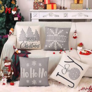 Gray Christmas Pillow Covers 20x20 Set of 4, Xmas Pillow Covers Farmhouse Christmas Decorations Winter Holiday Decor Throw Cushion Case for Home Couch