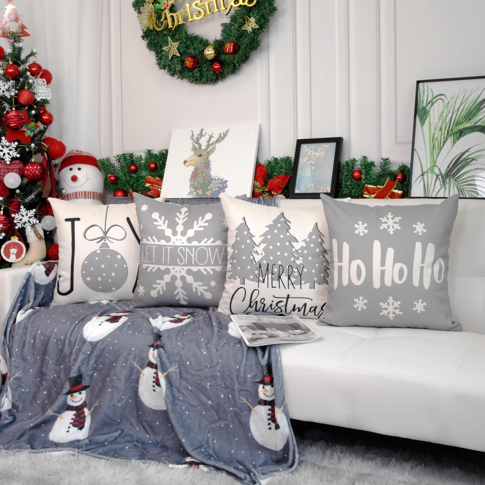 Gray Christmas Pillow Covers 20x20 Set of 4, Xmas Pillow Covers Farmhouse Christmas Decorations Winter Holiday Decor Throw Cushion Case for Home Couch