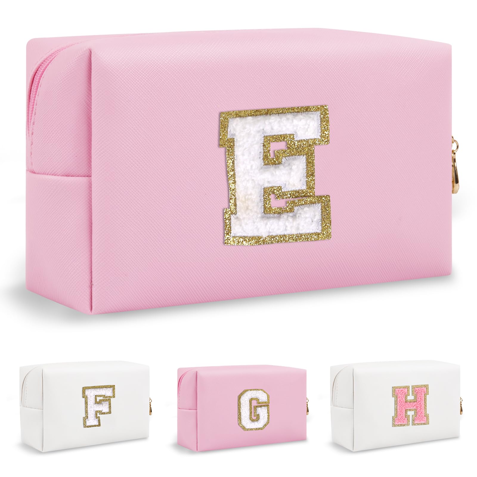 Personalized Chenille Letter Preppy Patch Makeup Bag, Small Pink Travel Cosmetic Bag Initial Toiletry Zipper Pouch Monogram Makeup Storage, Waterproof Makeup Case Travel Essentials for Women(Letter E)