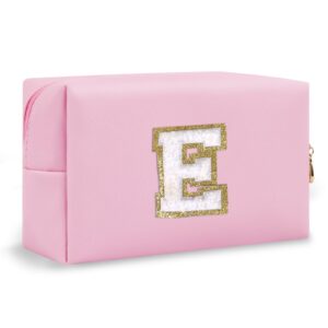 Personalized Chenille Letter Preppy Patch Makeup Bag, Small Pink Travel Cosmetic Bag Initial Toiletry Zipper Pouch Monogram Makeup Storage, Waterproof Makeup Case Travel Essentials for Women(Letter E)