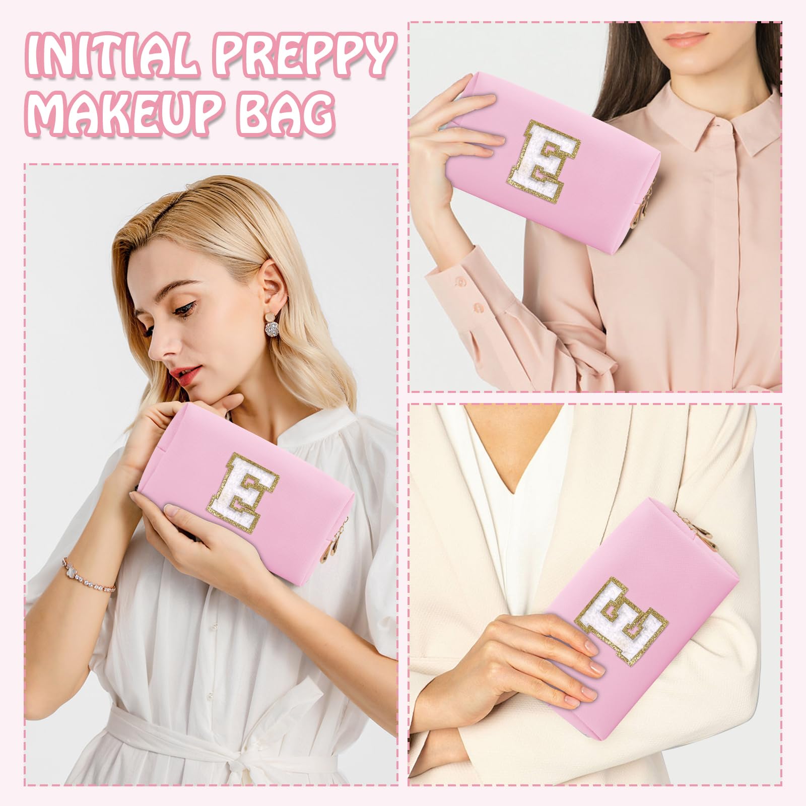 Personalized Chenille Letter Preppy Patch Makeup Bag, Small Pink Travel Cosmetic Bag Initial Toiletry Zipper Pouch Monogram Makeup Storage, Waterproof Makeup Case Travel Essentials for Women(Letter E)