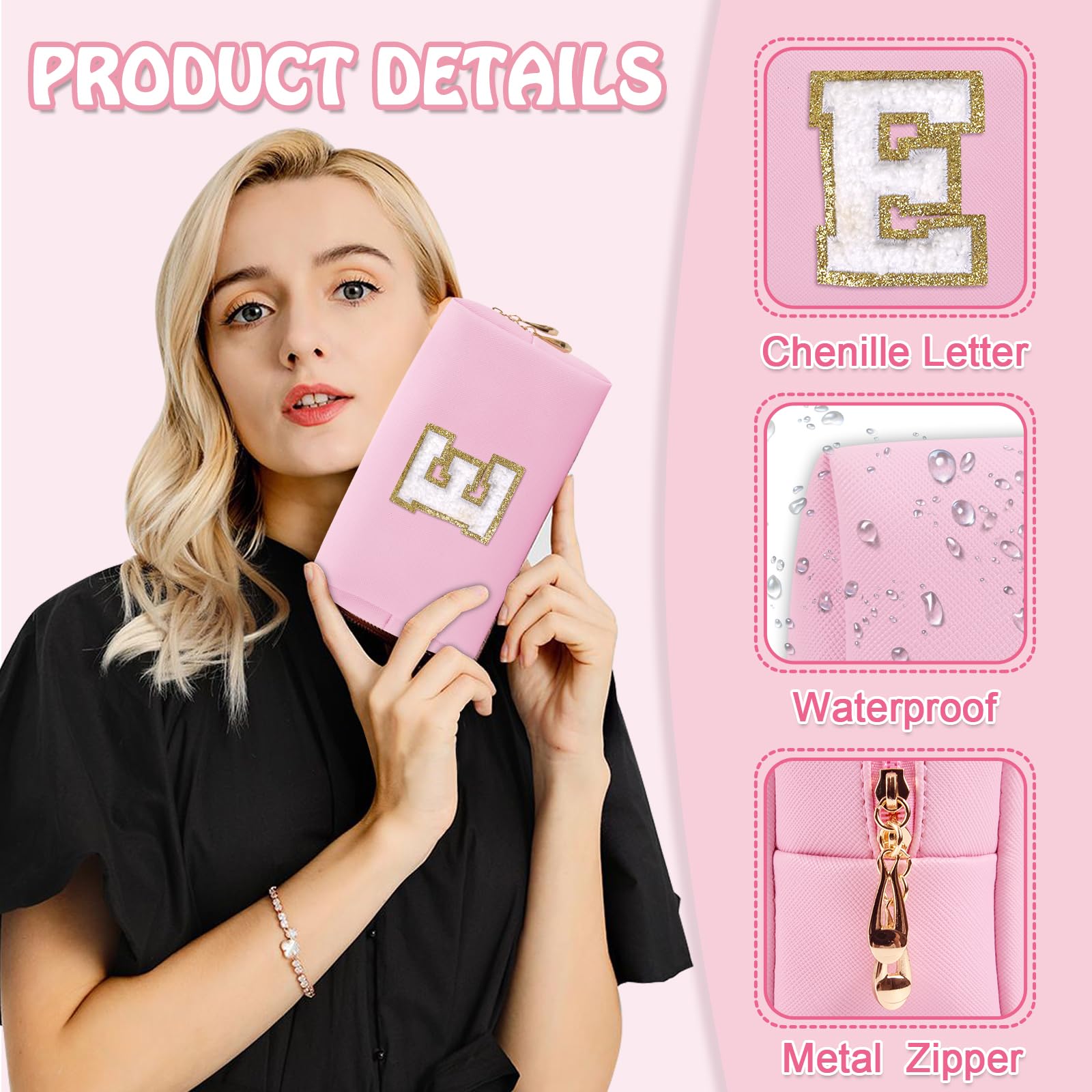 Personalized Chenille Letter Preppy Patch Makeup Bag, Small Pink Travel Cosmetic Bag Initial Toiletry Zipper Pouch Monogram Makeup Storage, Waterproof Makeup Case Travel Essentials for Women(Letter E)