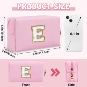 Personalized Chenille Letter Preppy Patch Makeup Bag, Small Pink Travel Cosmetic Bag Initial Toiletry Zipper Pouch Monogram Makeup Storage, Waterproof Makeup Case Travel Essentials for Women(Letter E)